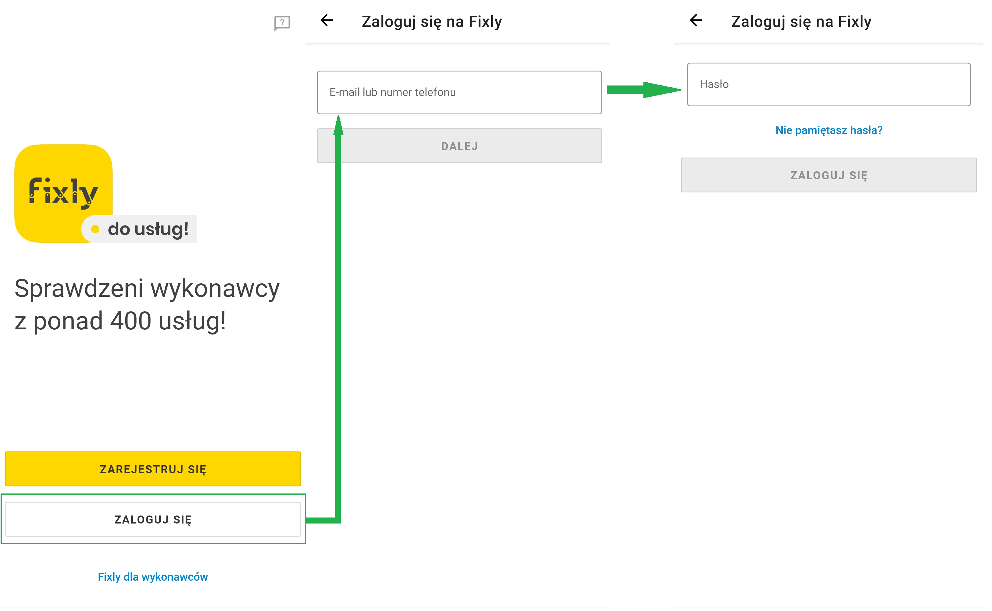 Logowanie i ustawienie hasła – Fixly